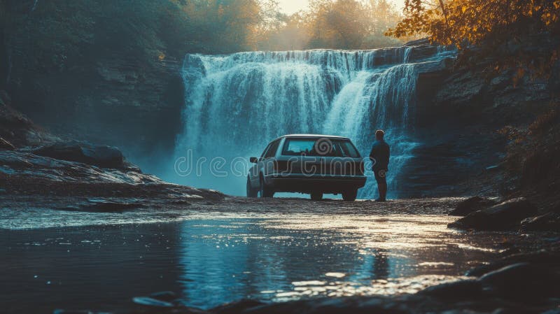 A Person Standing by a Car in Front of a Waterfall Stock Illustration ...