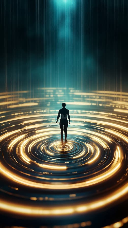 Person Standing in Center of Glowing Circular Patterns with Cascading ...