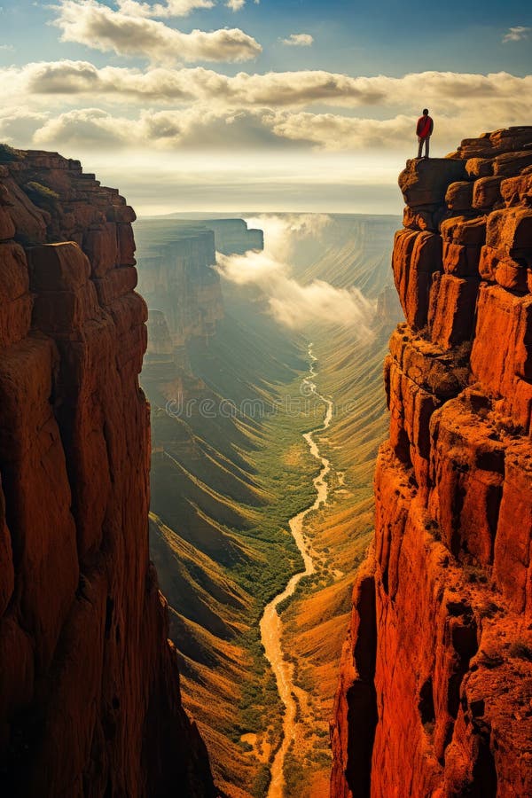 Person Standing on Cliff Overlooking River Below Canyon. Generative AI ...