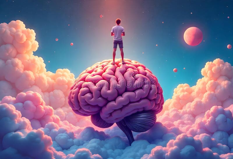 Person Standing on Top of a Large Brain. Thinking and Creativity ...
