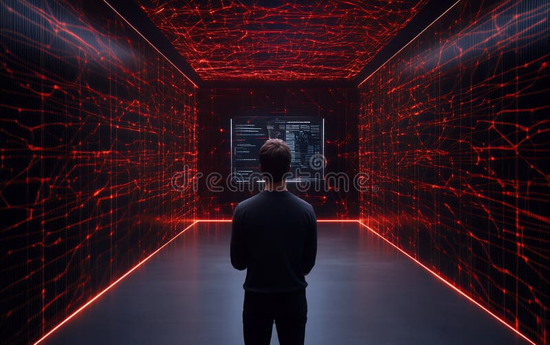 Person Standing in Dark Room with Glowing Red Network Visualization and ...