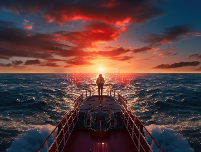 Person Standing on the Deck of a Ship and Looking at the Sunset Stock ...