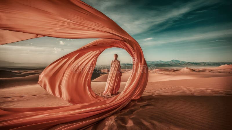 A Person Standing in the Desert with a Large Red Fabric Draped Over ...