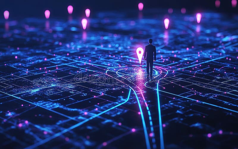 A Person Standing on a Digital Map Illuminated by Neon Markers at Night ...