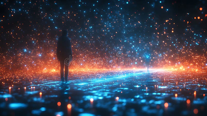 Person Standing in Digital Nebula, Glowing Particles Stock Illustration ...