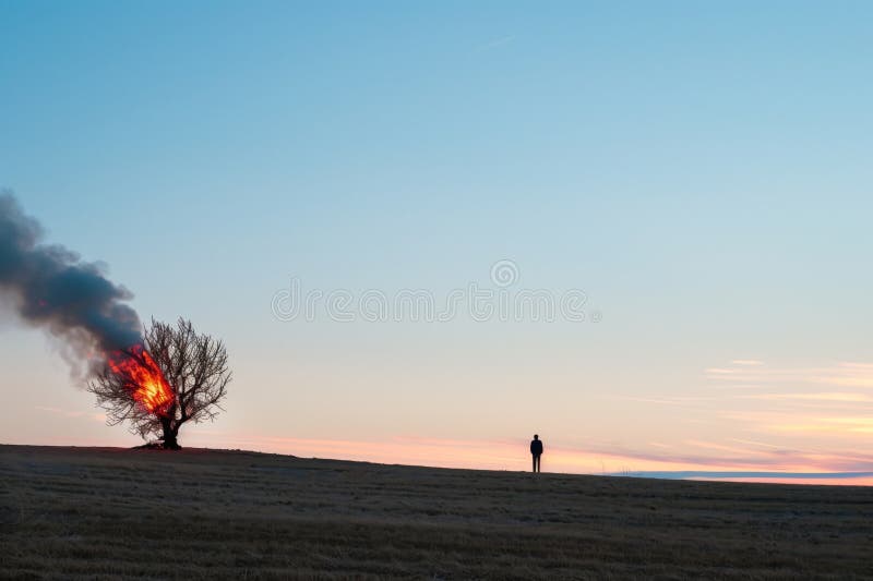 Person Standing at a Distance, Watching a Lone Tree Burn Stock ...