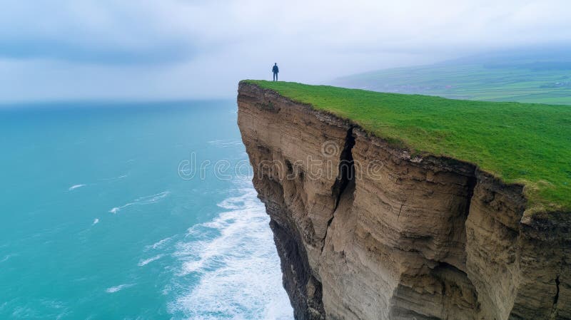 A Person Standing on the Edge of a Cliff Overlooking an Ocean, AI Stock ...