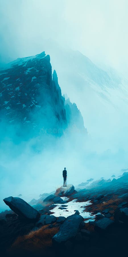 Person Standing in the Fog on Top of Mountain. Generative AI Stock ...