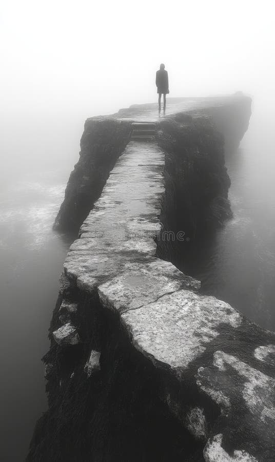 Person Standing on a Foggy Stone Path Overlooking Calm Waters Stock ...