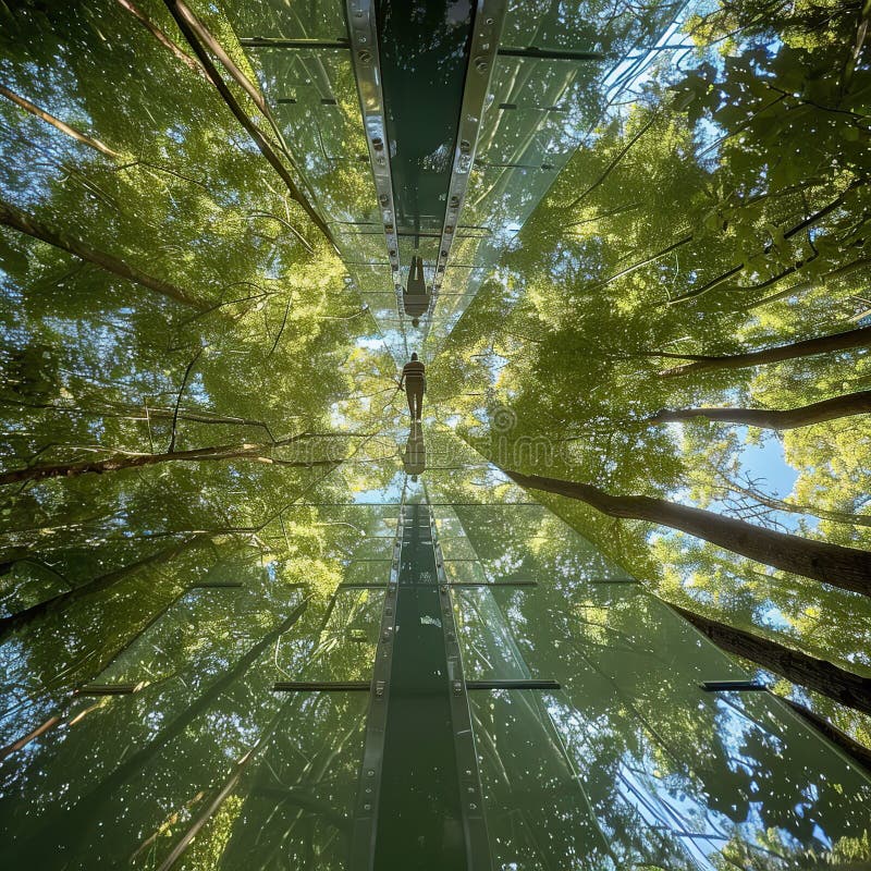 Person Standing in a Forest Mirrored Structure, Reflecting Trees and ...