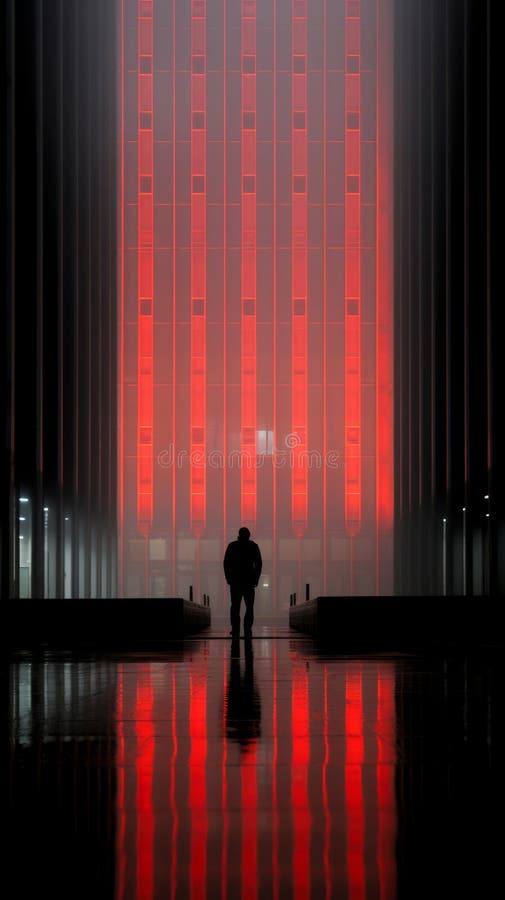A Person Standing in Front of a Building with Red Lights Stock ...