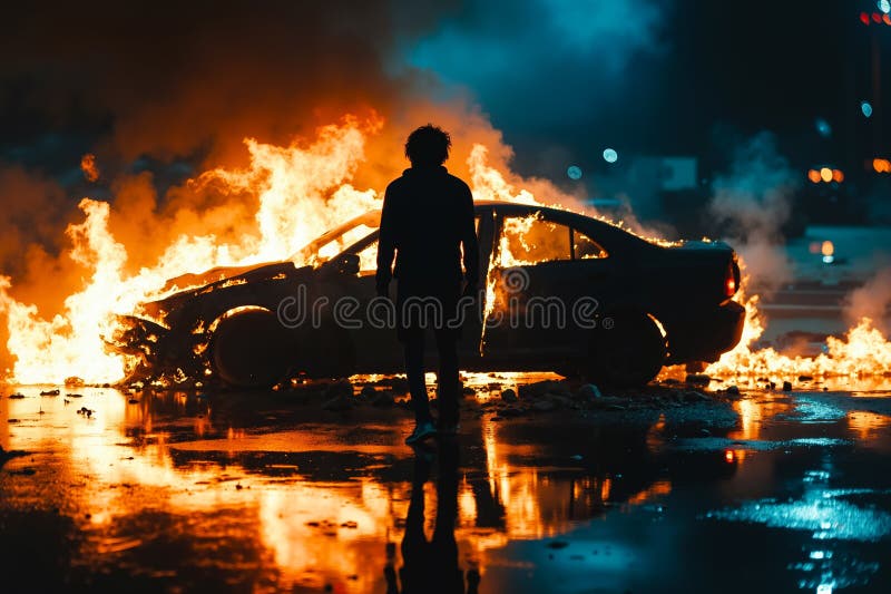A Man Standing in Front of a Burning Car on Fire Stock Image - Image of ...