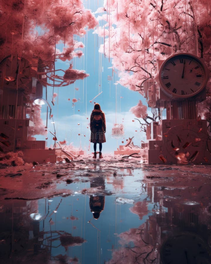 A Person Standing in Front of a Clock and Pink Trees Stock Illustration ...