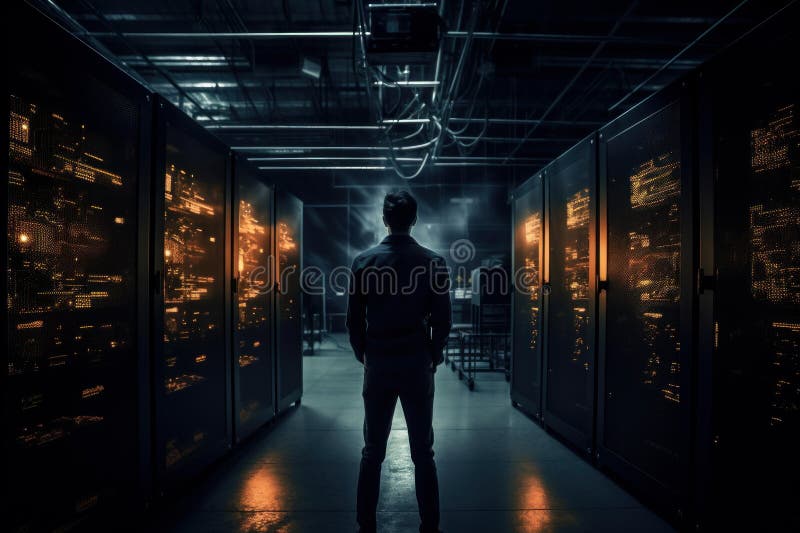 Person Standing in Front of Dark Server Room. Generate Ai Stock Image ...