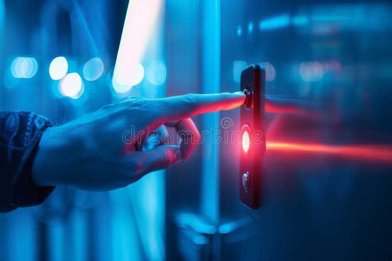 A Person is Standing in Front of a Door, Pressing a Red Button for ...