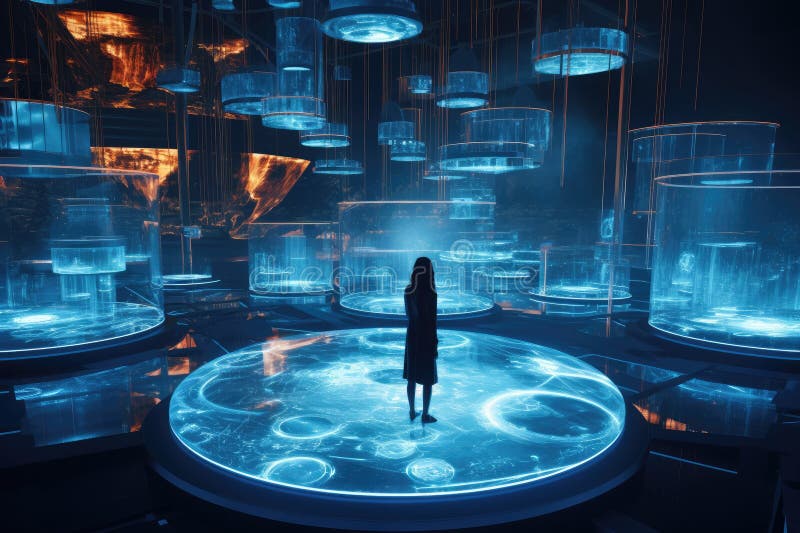 Person Standing in Front of Large Aquarium, Science-fiction Cyberspace ...