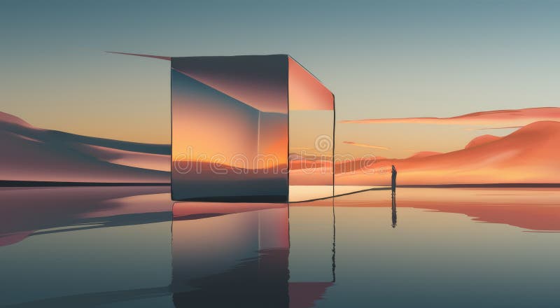 A Person Standing in Front of a Large Cube Shaped Structure, AI Stock ...