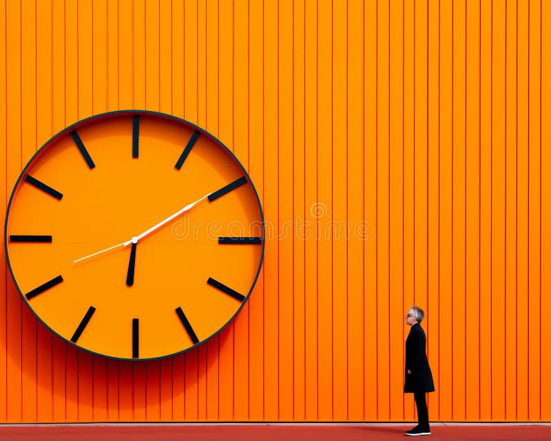 A Person Standing in Front of a Large Orange Clock Stock Illustration ...