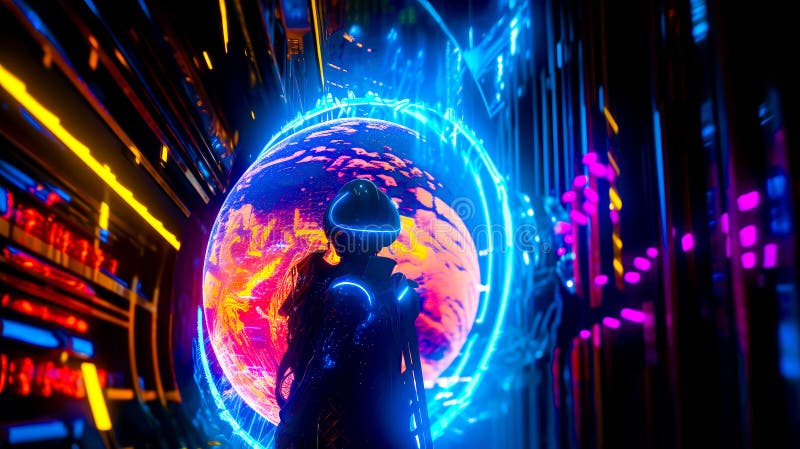 Person Standing in Front of Neon Background with Circular Object in the ...
