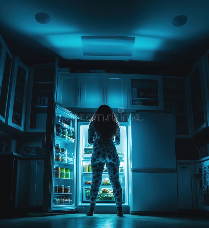 Person Standing in Front of Open Refrigerator at Night, Illuminated by ...