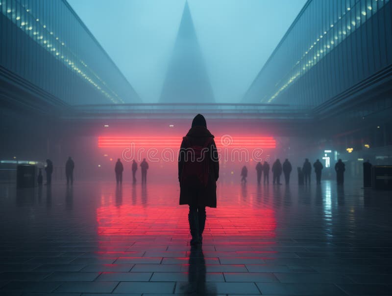 A Person Standing in Front of a Red Light in a Foggy Area Stock ...