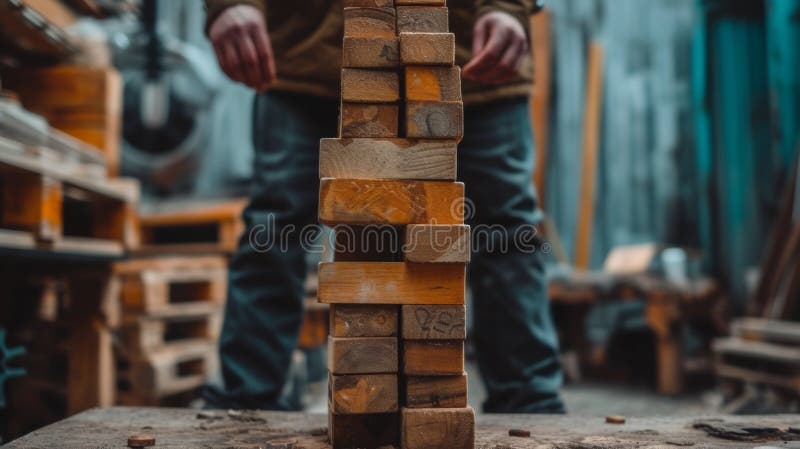 A Person Standing in Front of a Stack of Wooden Blocks, AI Stock Image ...