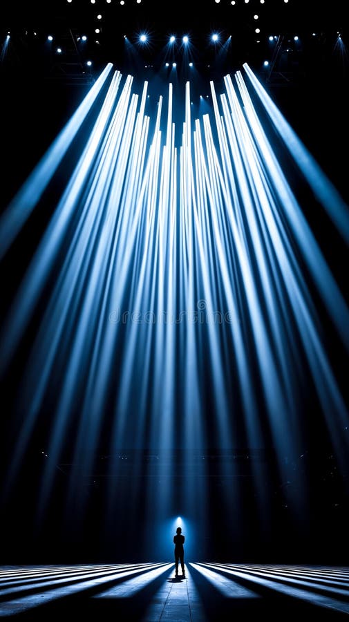 A Person Standing in Front of a Stage with Blue and White Lights Stock ...