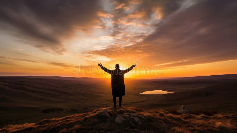 A Person Standing in Front of Sunset on the Mountain Generative AI ...