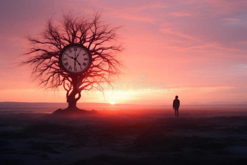 A Person Standing in Front of a Tree with a Clock on it Stock ...
