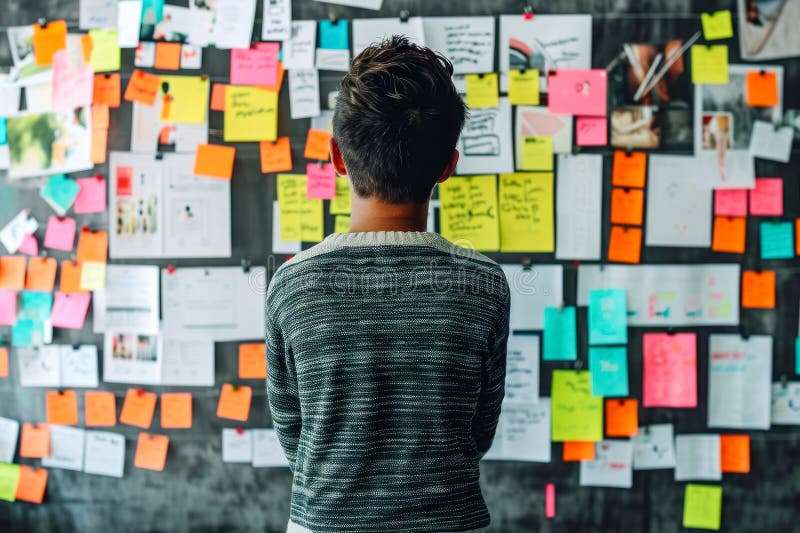 Person Standing in Front of a Wall Covered in Sticky Notes, Organizing ...