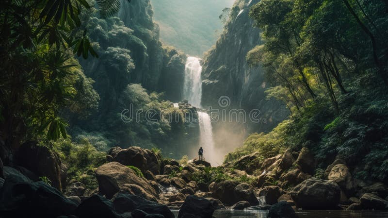 A Person Standing in Front of a Waterfall. Generative AI Image. Stock ...