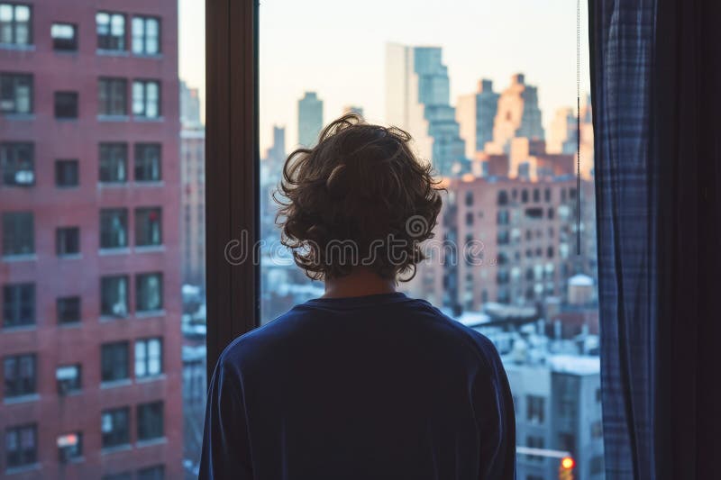 Person Standing in Front of a Window, Looking Out at the City and ...