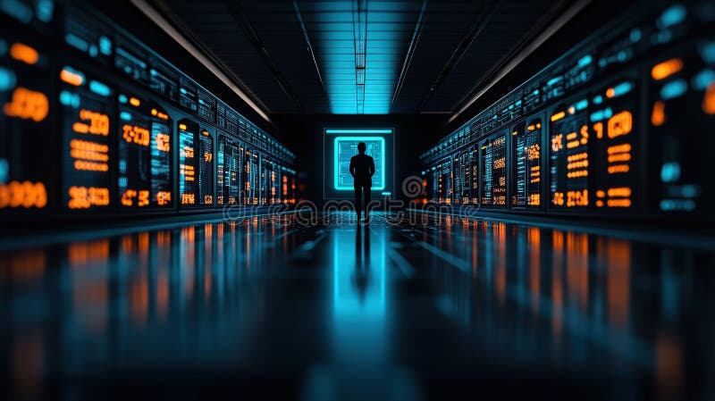 A Person Standing in Futuristic Data Center, Surrounded by Glowing ...
