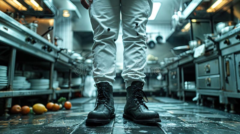 A Person is Standing in a Kitchen with a Black Boot on Stock Photo ...