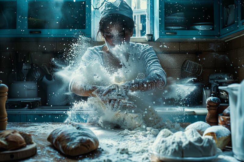 A Person Standing in a Kitchen, Completely Covered in Flour, Likely ...