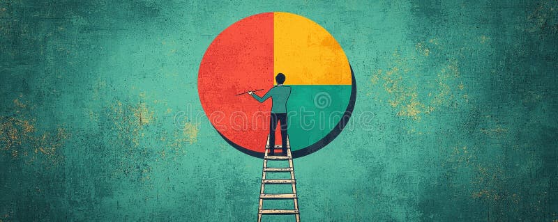 Person Standing on a Ladder Analyzing Data on a Large Pie Chart in a ...