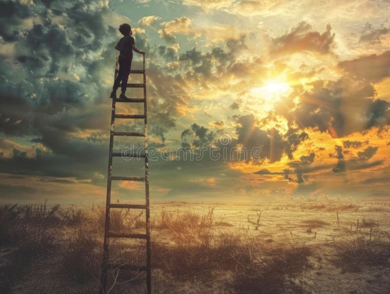 A Person is Standing on a Ladder in a Field Stock Image - Image of ...