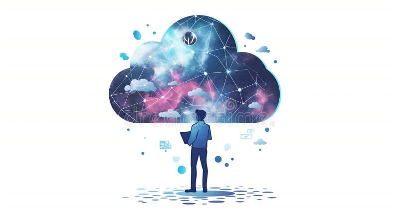 A Person Standing with a Laptop, Looking Up at a Cloud with a Cosmic ...