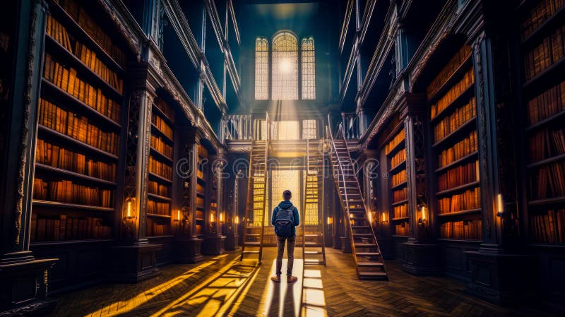 Person Standing in Large Library with Lots of Bookshelves. Generative ...