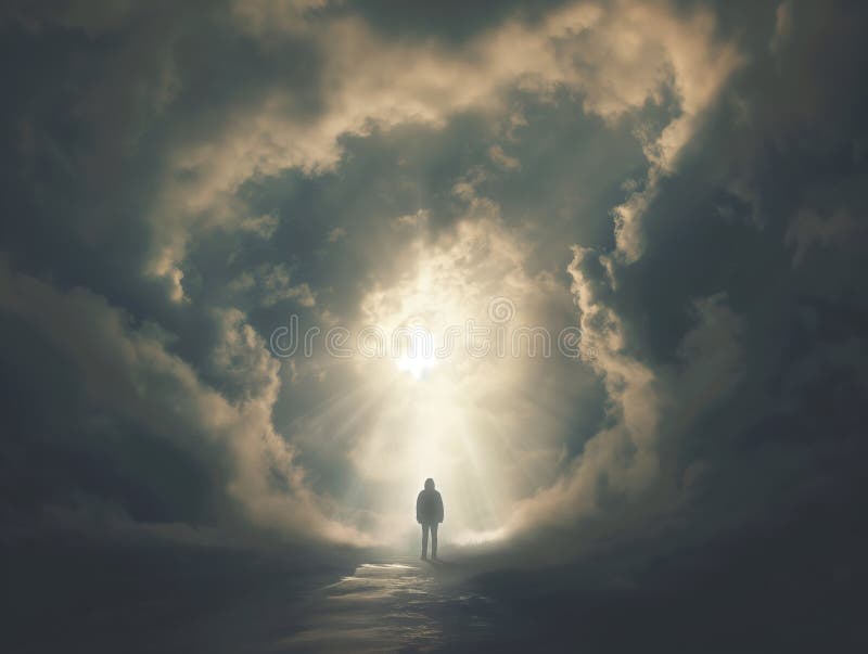 Person Standing in Light Amidst Dramatic Clouds Stock Image - Image of ...