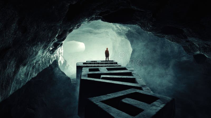 Person Standing on Maze Platform in Mysterious Cave with Misty ...