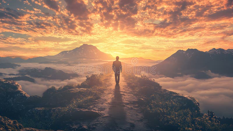 Person Standing on Mountain Path during Sunset, Breathtaking View Stock ...