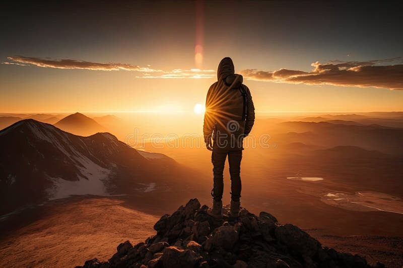 Person, Standing on Mountain Summit, with View of the Sun Shining Over ...