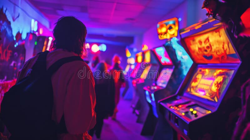Person Standing Near Arcade Machines Under Neon Lights Stock ...