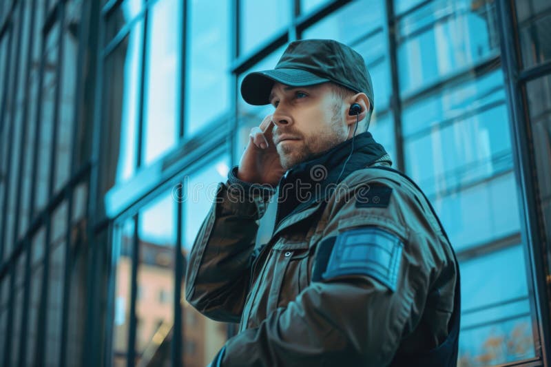 A Person Standing Outside a Building, Looking at His Cell Phone Stock ...