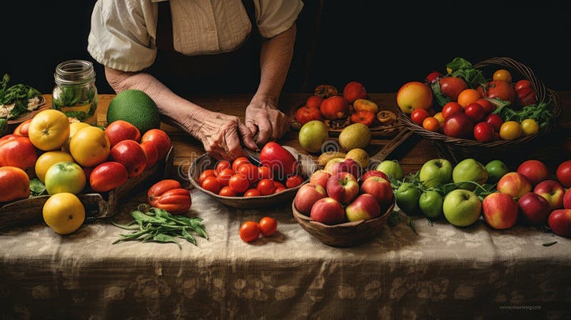 A Person Standing Over a Table Full of Fruit and Vegetables. Generative ...