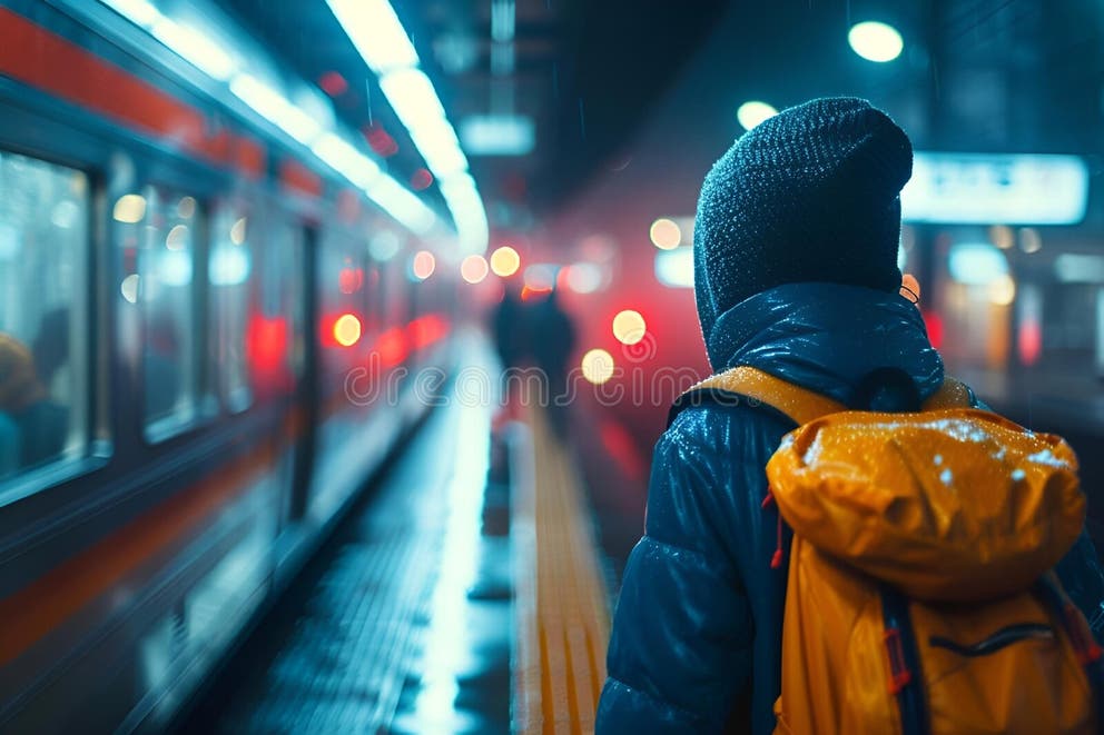 A Person Standing on the Platform with Their Backpack Facing a Train ...
