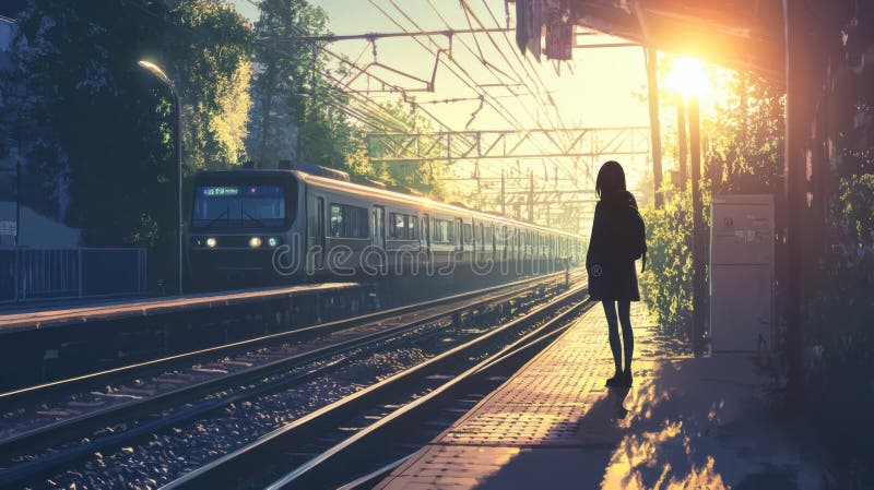 Person Standing on a Quiet Sunlit Train Platform Looking Down the ...