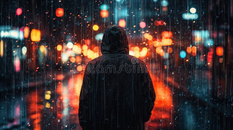 A Person Standing in the Rain with a Reflective Surface Creating a ...