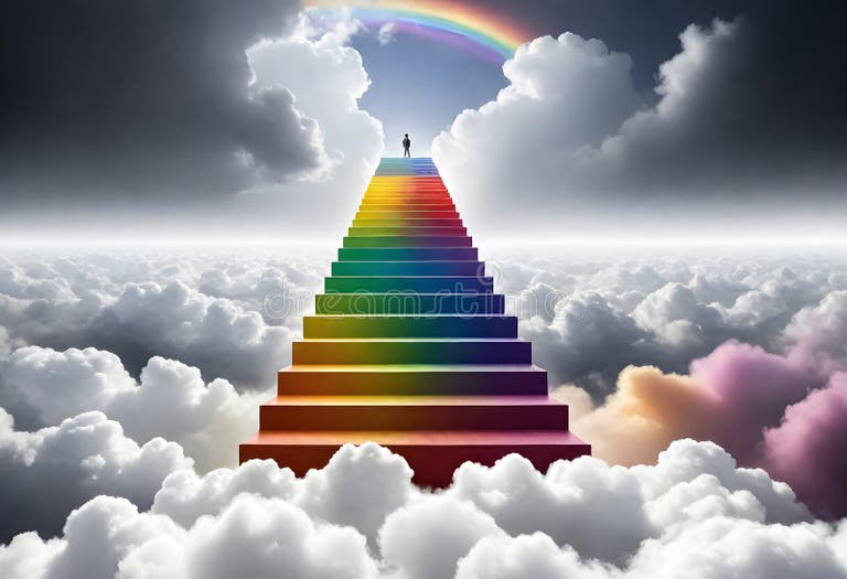 A Person Standing on a Rainbow Ladder in the Sky Stock Illustration ...